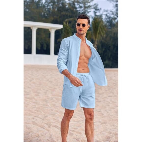 Shorts | Mens Linen Sets 2 Piece Button Down Shirt Long Sleeve And ...